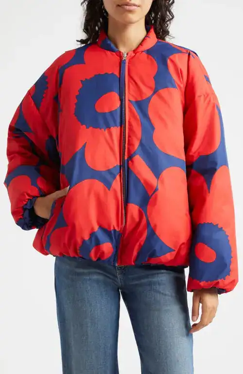 Marimekko Unikko Lightweight Padded Bomber Jacket In Red Blue - 60